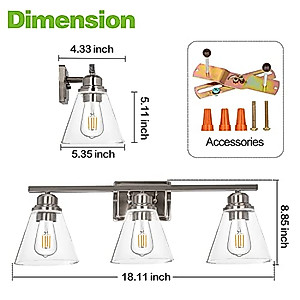 hykolity 3-Light Bathroom Light, Brushed Nickel Vanity Light Fixtures, Bathroom Wall Sconce Lighting with Clear Glass Shades, ETL Listed (Bulb not Included)