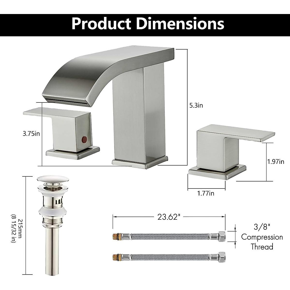 Skybathjoy LED Light Waterfall Bathroom Faucet 3 Hole, Brushed Nickel 8 Inch Widespread Bathroom Faucets & Parts, Modern 3 Piece Bathroom Sink Faucet, Touch On Faucet for Bathroom Vanity