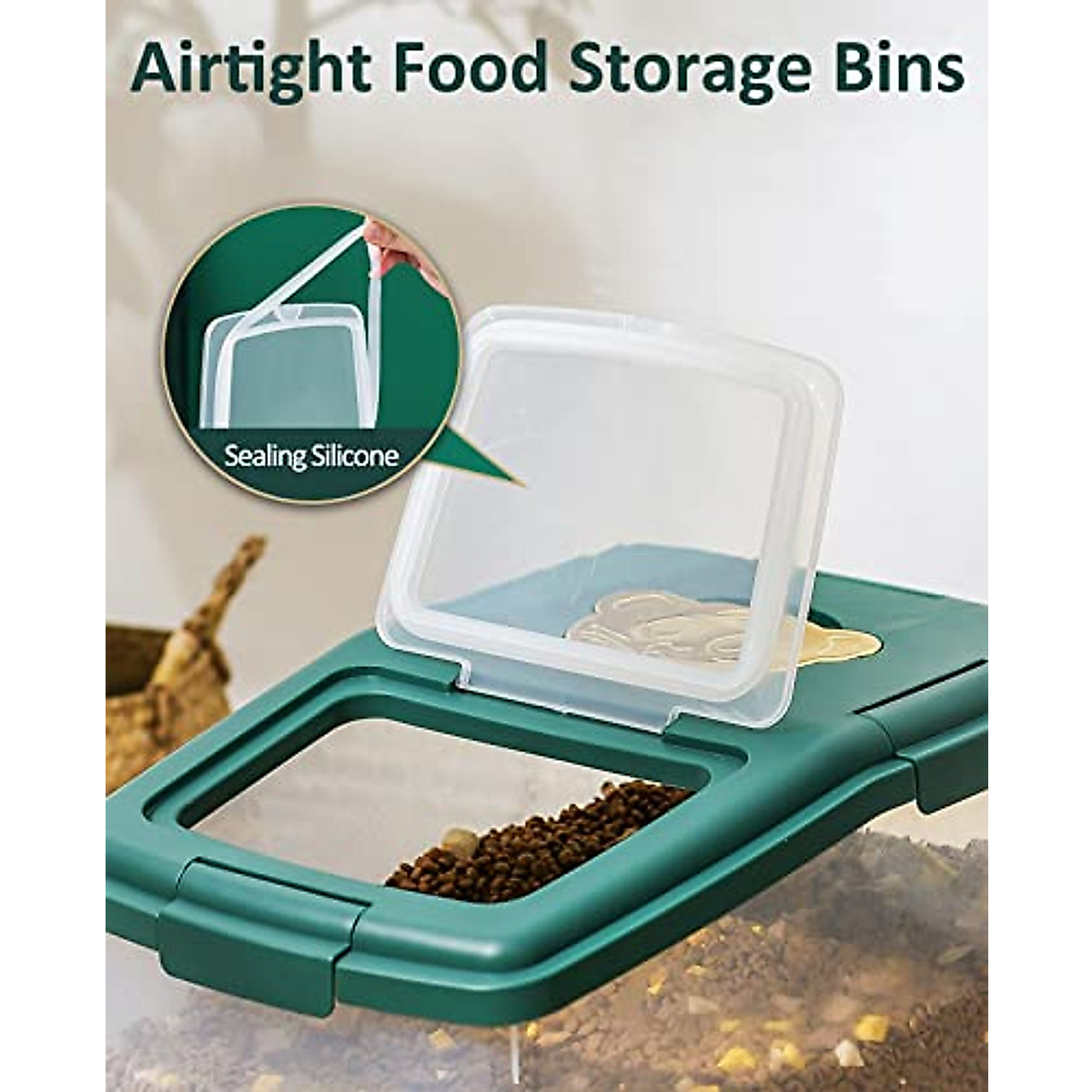 BNOSDM Airtight Cat Food Storage Container 8 lb Pet Dog Foods Storage Bins with Wheel Transparent Plastic Bulk Dry Feed Dispenser Measuring Cup, Seal Locking Lid Rice Cereal Flour