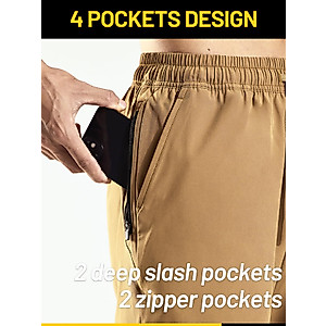 MIER Men's Quick Dry Running Shorts with Zipper Pockets, 7" Athletic Workout Gym Exercise Fitness Shorts Without Liner/Brief, Khaki, XL