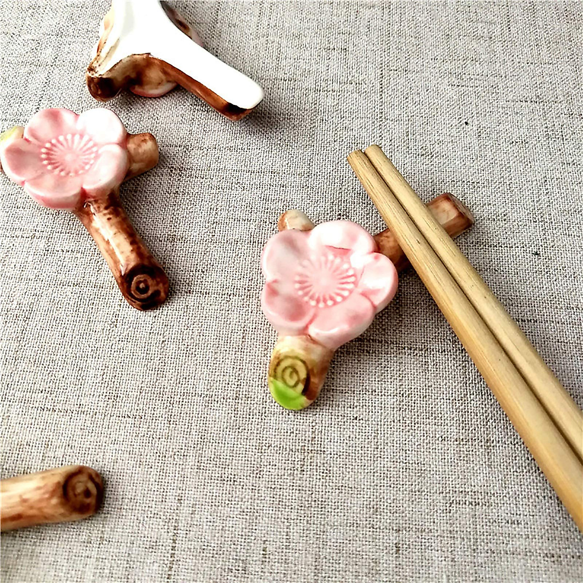 LARATH 6 Pieces Ceramic Chopsticks Rest Rack Cherry Blossom Chopsticks Holder Rest Dinner Spoon Stand for Dinner Fork Knife Tableware Writing Paint Brush, Pink