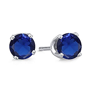 Gem Stone King 14K White Gold Blue Created Sapphire Stud Earrings For Women (1.04 Cttw, Round 3MM)