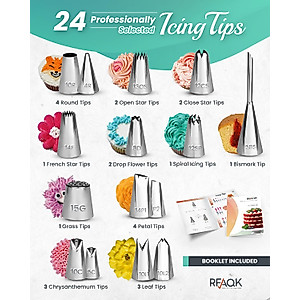 65PCs Cake Decorating Kit Baking Supplies Tools with Non-Slip Cake Turntable-Cake leveler- 24 Numbered Icing Piping Tips, Pattern Chart & EBook- Straight & Angled Spatula-30 Piping Bags- 3 Scraper Set