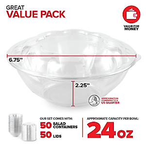 Stock Your Home 24oz Clear Plastic Salad Bowls with Lids Disposable (50 Pack) Small Takeout Container with Snap on Lid for Fruit Salads, Quinoa, Lunch and Meal Prep, Acai Bowl, To-Go Party Containers