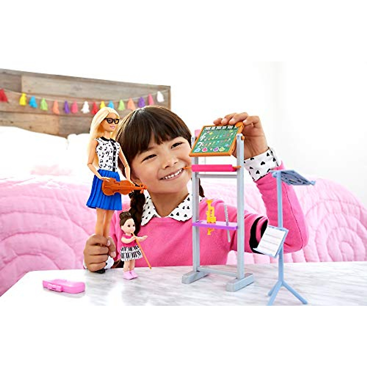 Barbie Music Teacher Doll, Blonde, and Playset with Flipping Chalkboard, Brunette Student Small Doll and 4 Musical Instruments, Career-Themed Toy for 3 to 7 Year Old Kids​​​