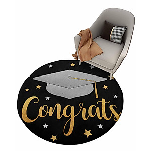 Graduation Cap Fluffy Round Area Rug Carpets 3ft, Plush Shaggy Carpet Soft Circular Rugs, Non-Slip Fuzzy Accent Floor Mat for Living Room Bedroom Nursery Home Decor Star Black Gold Grey