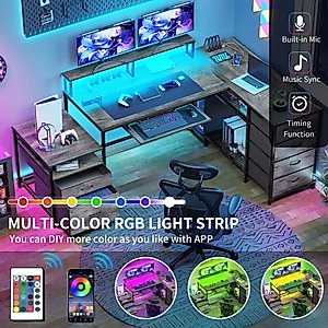 YITAHOME L Shaped Desk with Drawers, 71" L Shaped Computer Desk with Power Outlet & LED Lights, Corner Office Desk with Storage Shelves & Printer Stand, Gaming Desk with Monitor Shelf, Grey
