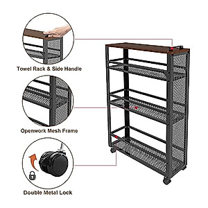 fusehome 2023 New, Slim Kitchen Storage Cart, 3-Tier Metal Rolling Utility Cart Mesh Basket, Multifunction Wire Basket Shelf Trolley for Home Laundry, Bathroom, Living Room, Black