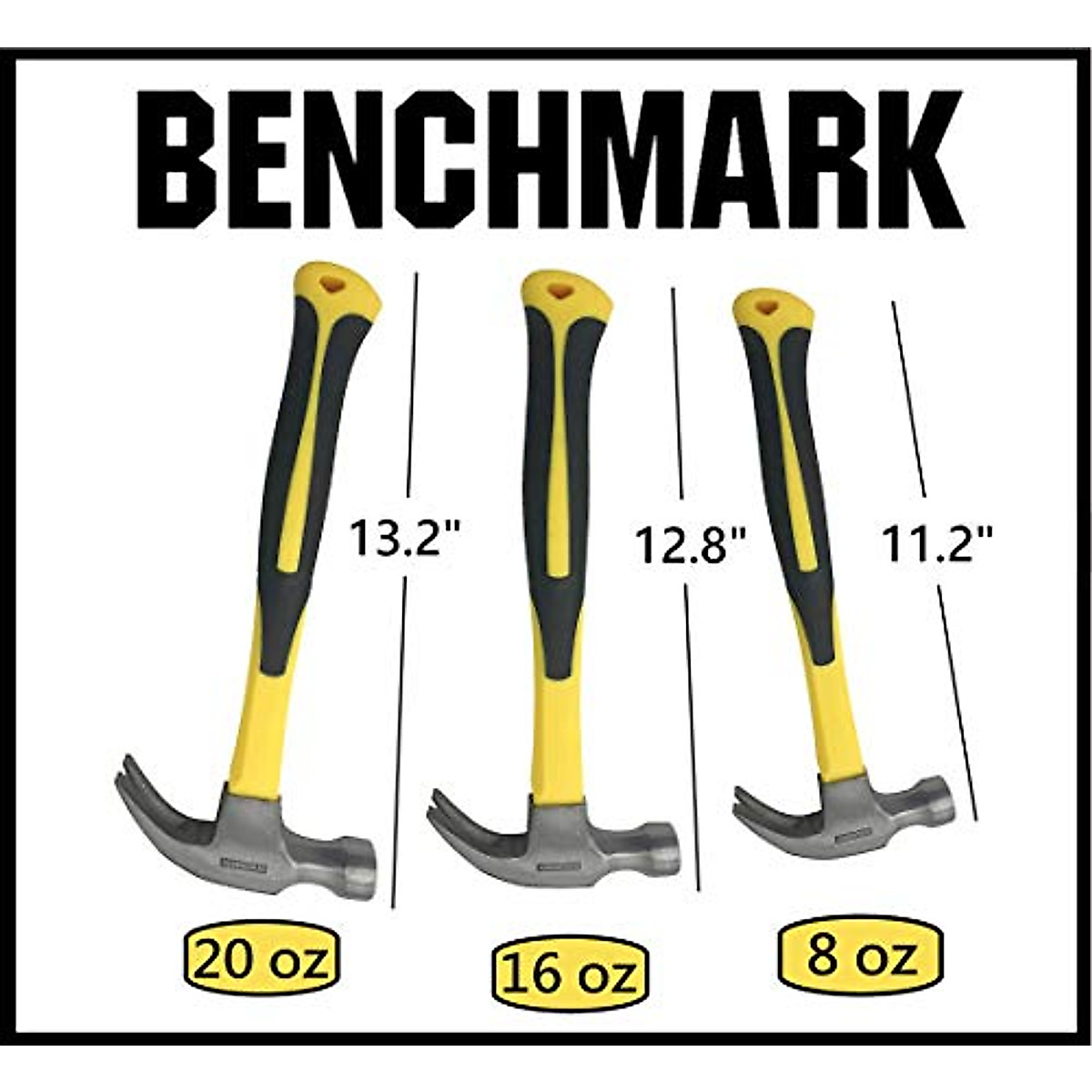 3 Pack of Claw Hammers (20 oz, 16 oz, 8 oz) with Sure-Grip Fiberglass Handles and Polished Steel Head