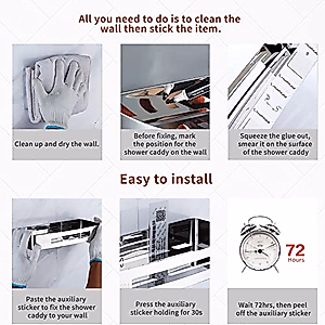 Noele Shower Caddy Organizer Shelves 2 Packs, No Drilling Adhesive Storage Basket with Removable Hooks, SUS304 Stainless Steel Rustproof Shower Rack for Bathroom Kitchen, Silver