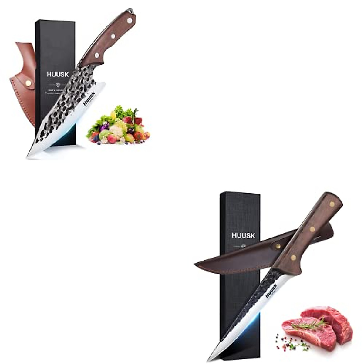 Huusk Viking Knife with Sheath Hand Forged Boning Knife Bundle with Japanese Meat Butcher Brisket Trimming Knife