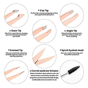 Precision Eyebrow Tweezers Set Pack of 6 for Women Ingrown Facial Hair Removal Pointed Rose Gold Tweezers Scissors Brush Kit for Splinter with Leather Case Gift