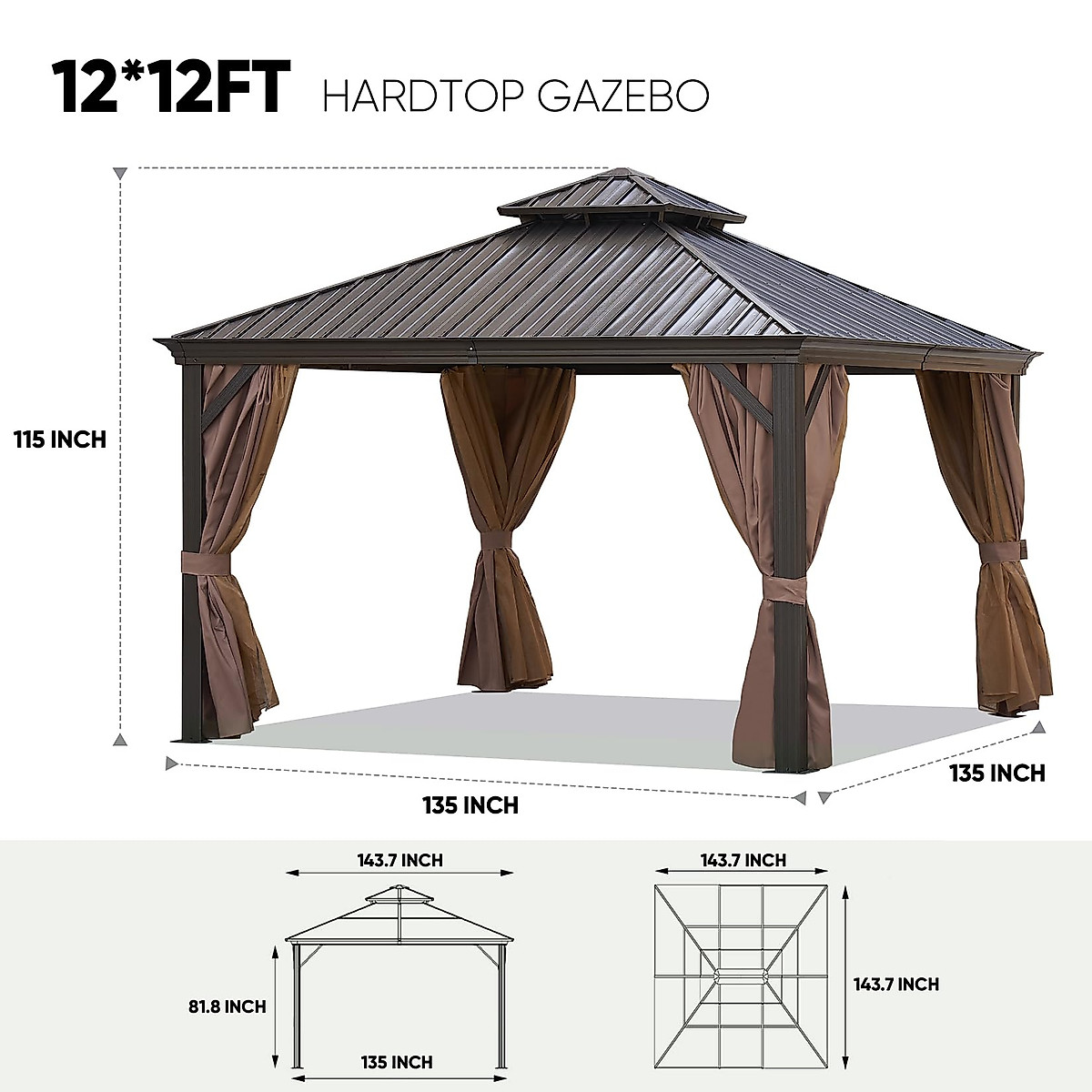 12x12FT Patio Gazebo, Outdoor Wood Grain Frame Aluminum Gazebo with Steel Canopy, Permanent Hardtop Gazebo Canopy with Net and Sidewalls for Patio, Garden, Backyard, Lawns, Deck, Parties