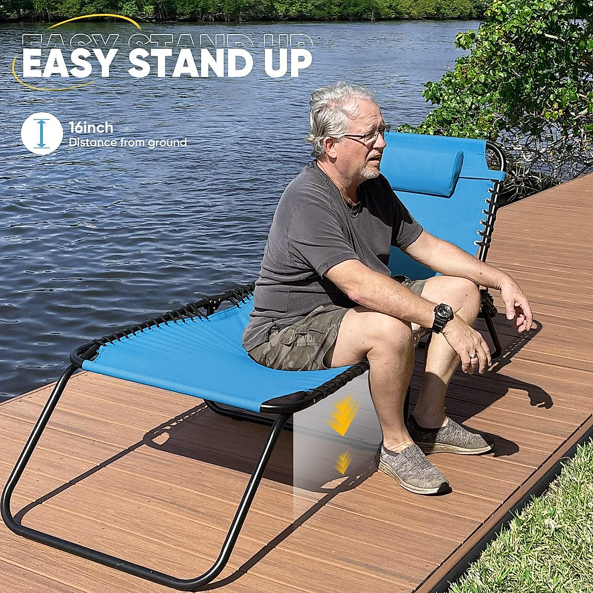 EZCHEER Folding Chaise Lounge Oversize, 16 inch High Portable Sunbathing Chair, Extra Wide XL Outdoor Chair with Storage Bag, Blue