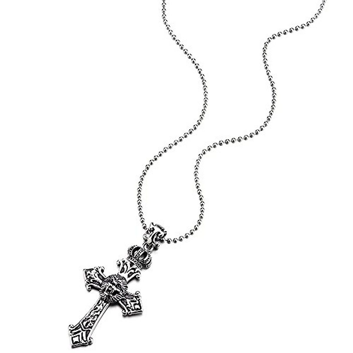 COOLSTEELANDBEYOND Stainless Steel Vintage Crown Lion Head Cross Pendant Necklace for Men Women, 30 inches Ball Chain