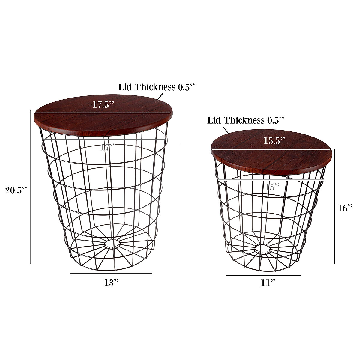 End Tables Set of 2 - Nesting Tables with Removable Wood Tops and Metal Basket Bases for Blanket Storage - Round Side Tables for Living Room, Bedroom, or Home Office by Lavish Home (Cherry/Black)