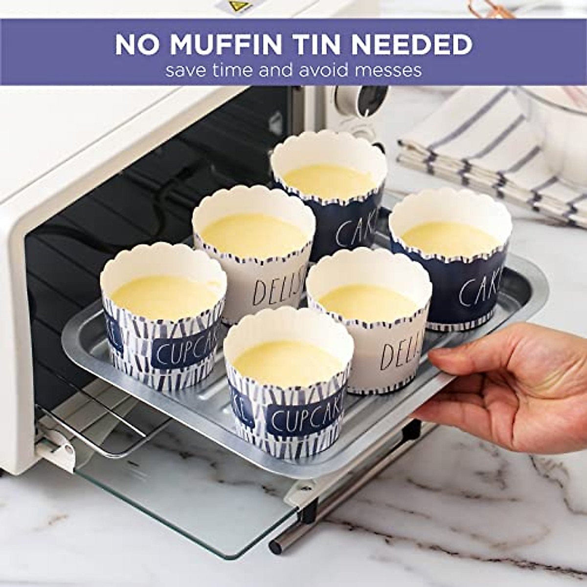 Rae Dunn Paper Cupcake Baking Cups - 60 Pack 6 Oz Greaseproof and Oven Proof Disposable Large Cupcake Liners and Muffin Cups - For Birthdays, Parties and Baby Showers (Cake/Cupcake/Delish)