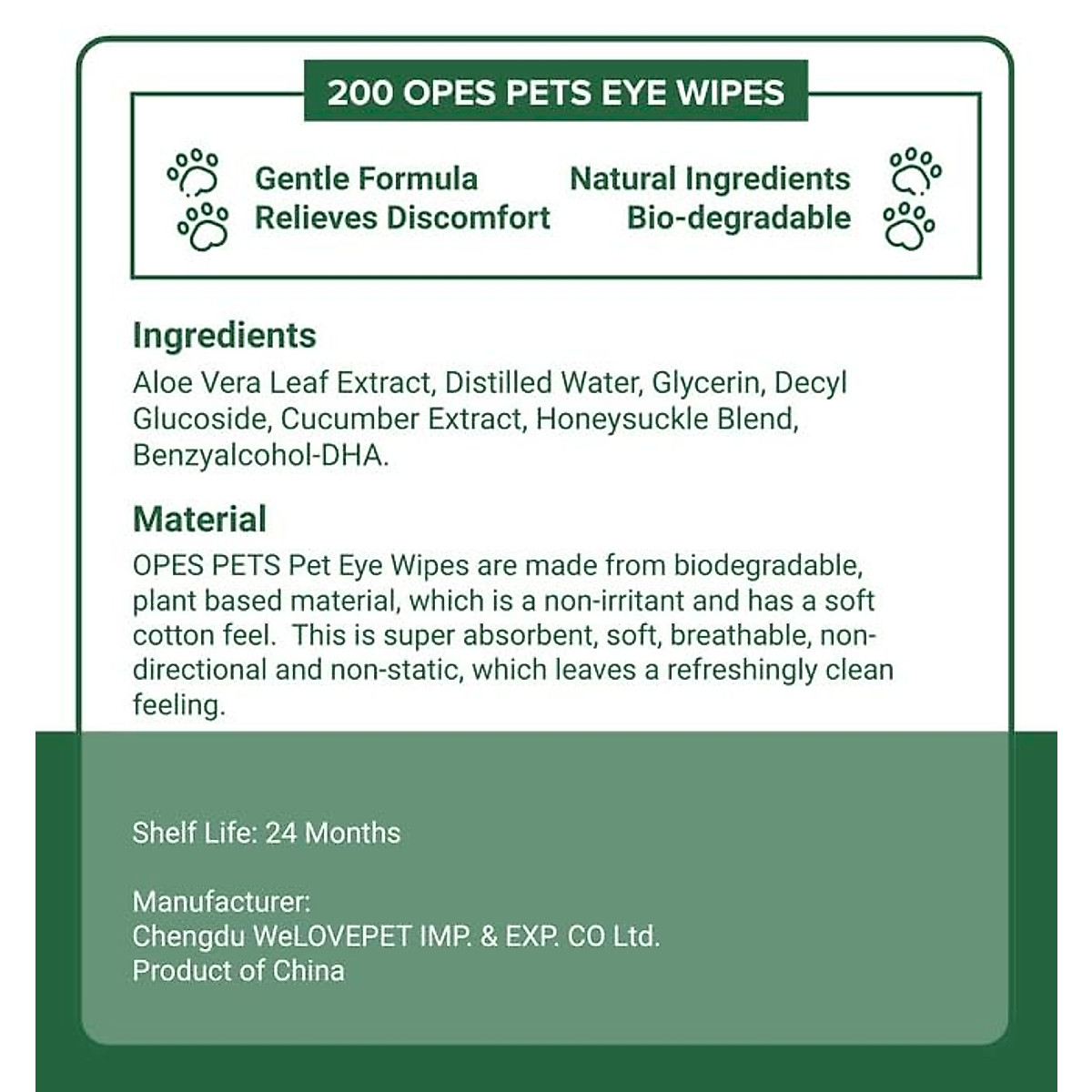 OPES Pets Cats & Dogs Eye & Face Wipes, Gently Removes Discharge, 100% Plant-Based, Biodegradable, 200 Count.