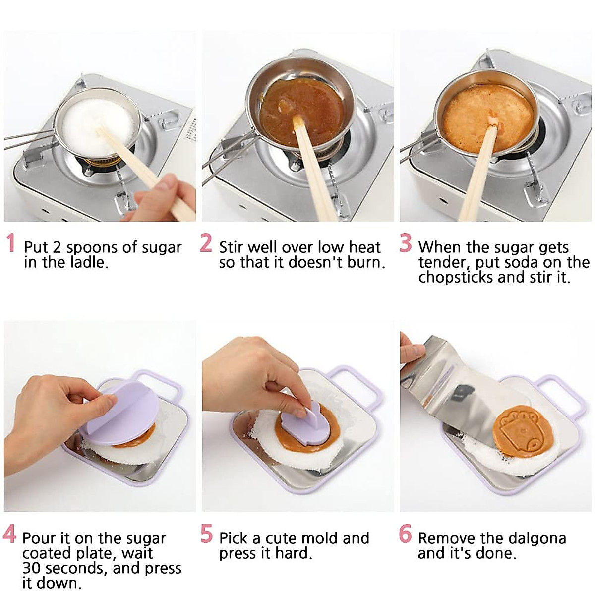 BT21 Squid Biscuits Sugar Pie Game Korean Sugar Candy Making Tools Set DALGONA Kit (7pcs in 1set), Ladle, Shape frame, Press Stainless Steel, bottom plate, Circle case