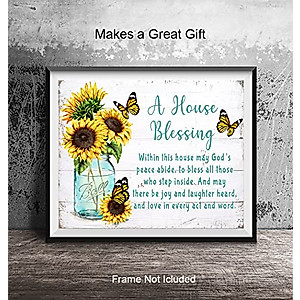 House Blessing - Religious Housewarming Gifts for Women - Christian Wall Art - Rustic Country Sunflower Butterfly Wall Decor - Blessed Wall Art - Inspirational Wall Decor - Bible Verses Wall Decor