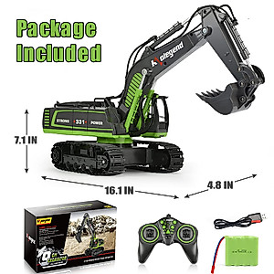 kolegend 11 Channel Remote Control Excavator Toy Truck, 1/18 Scale RC Toys Excavator Construction Vehicles for Boys Girls Kids RC Tractor with Lights Rechargeable Battery
