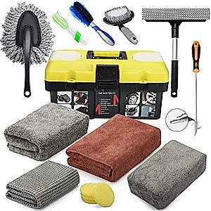 MOFEEZ Car Wash Cleaning Tools Kit Car Detailing Set with Absorbent Towels Dash Duster Tire Wheel Brushes Window Squeegee Air Conditioner Brush Waxing Sponge (15pcs)
