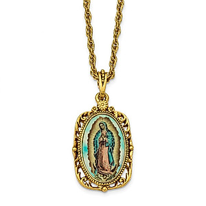 Solid Yellow Gold-tone Enameled Virgin Mary Our Lady of Guadalupe 24 inch Pendant Necklace Charm Chain - with Secure Lobster Lock Clasp 24" (Width = 25mm) - Jewelry Gifts For Women or Men
