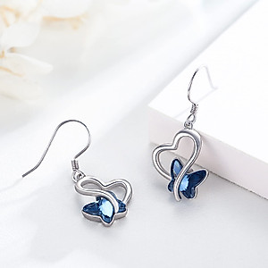 Butterfly Earrings 925 Sterling Silver Heart Butterfly Dangle Drop Earrings with Crystal Butterfly Jewelry Gifts for Women Girlfriends