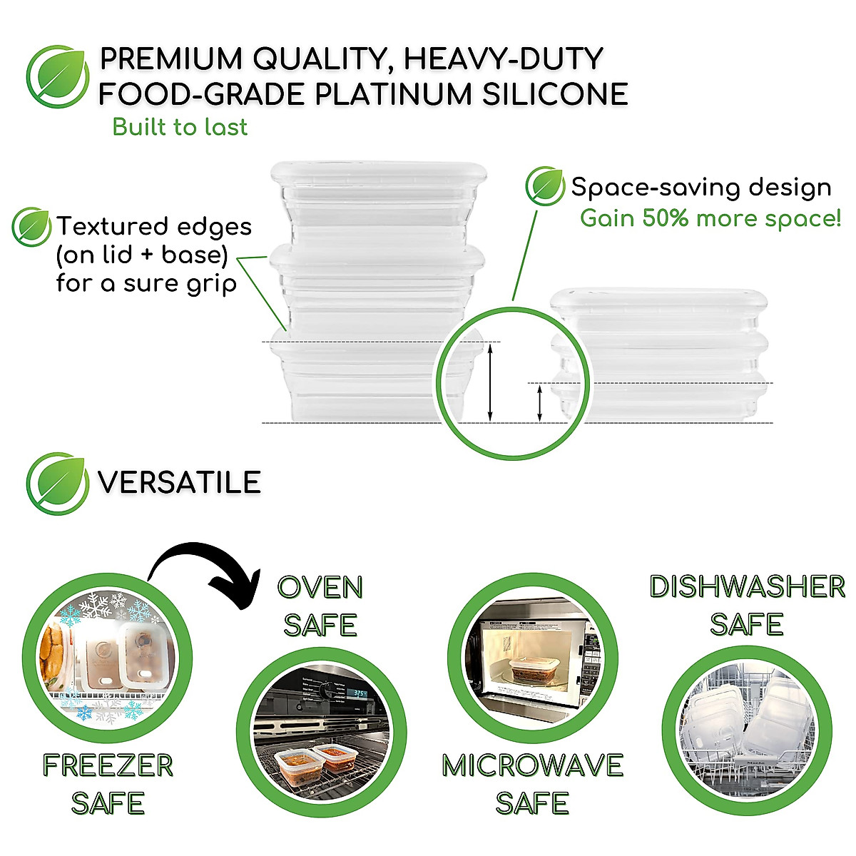 Premium Silicone Collapsible Food Storage Containers with Silicone Leakproof Lids, BPA Free, LFGB Food-Grade Certified, Compact, Reusable Lunch Snack Box, Microwave Safe, 2.8 Cups 3 Pk