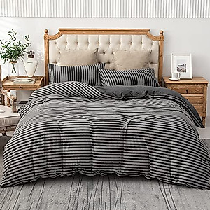 PURE ERA Jersey Knit Duvet Cover Set 100% T-Shirt Heather Cotton Super Soft Comfy Classic Striped Design, with Zipper Closure, Charcoal Dark Grey Stripe, Queen
