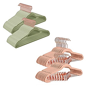 SONGMICS 50-Pack Velvet Hangers and 24-Pack Pants Hangers Bundle, Clothes Hanger with Rose Gold Swivel Hook, Coat Hangers with Movable Clips, Pale Green and Light Pink UCRF021GR50 and UCRF14PK24
