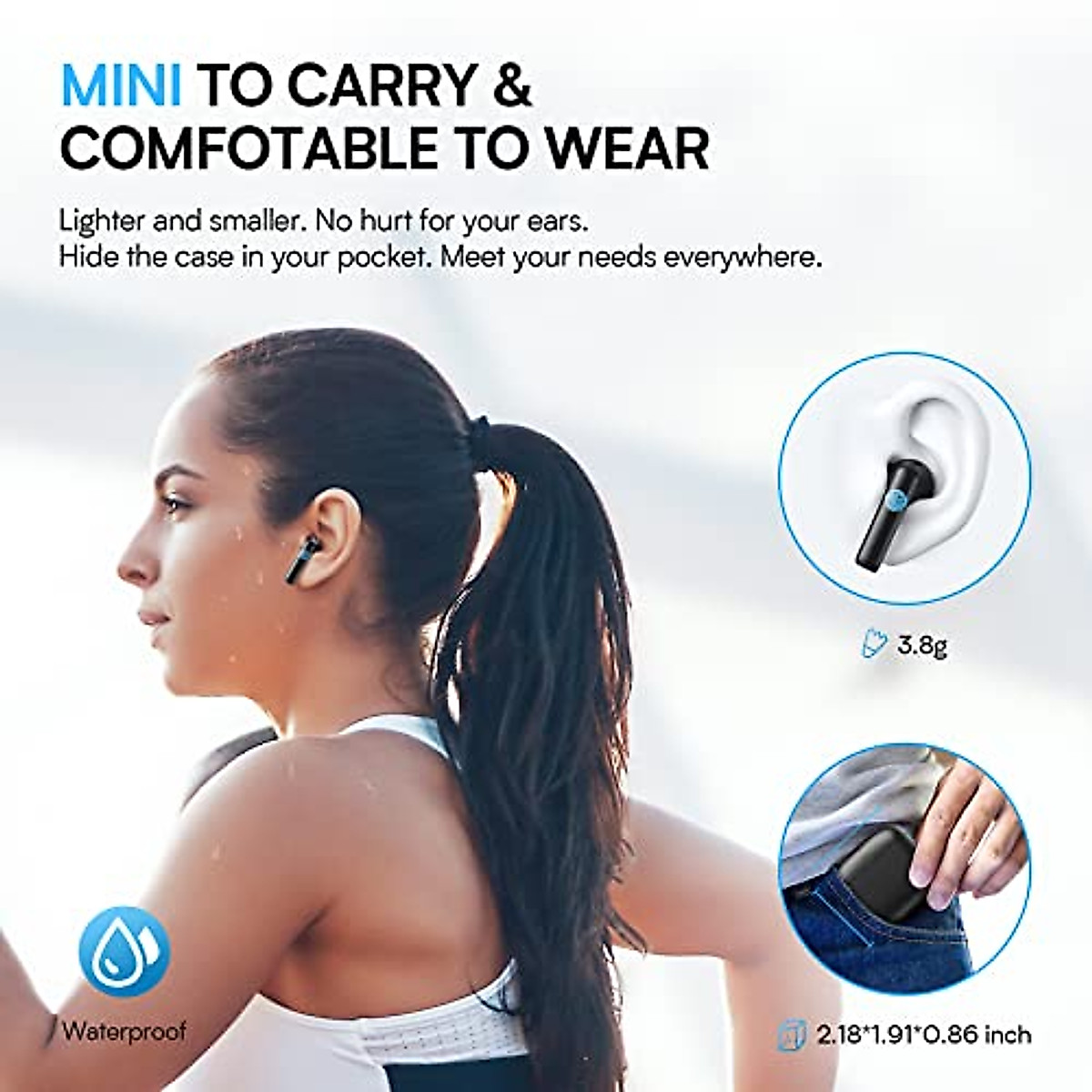 Lasuney T72 True Wireless Earbuds, IPX7 Waterproof Bluetooth Earbuds, 30H Cyclic Playtime Headphones with Charging Case and mic for iPhone Android, in-Ear Stereo Earphones Headset for Sport