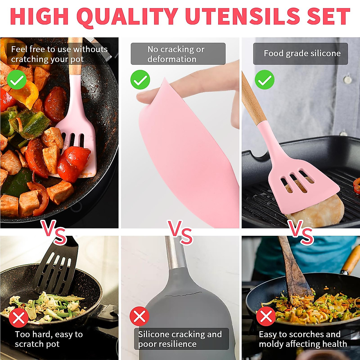 Caliamary Silicone Kitchen Utensil Set, 11 Pieces Cooking Utensil with Wooden Handles, Utensil Holder for Nonstick Cookware, Spoon, Soup Ladle, Slotted Turner, Whisk, Tongs, Brush, Pasta Server (Pink)