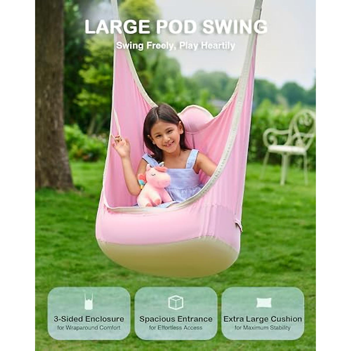 CO-Z Upgraded Kids Pod Swing, Hanging Pod Swing Chair with Inflatable Cushion, Child Hanging Hammock Swing for Indoor and Outdoor, Sensory Pod Swing for Kids (Two Straps, Pink)