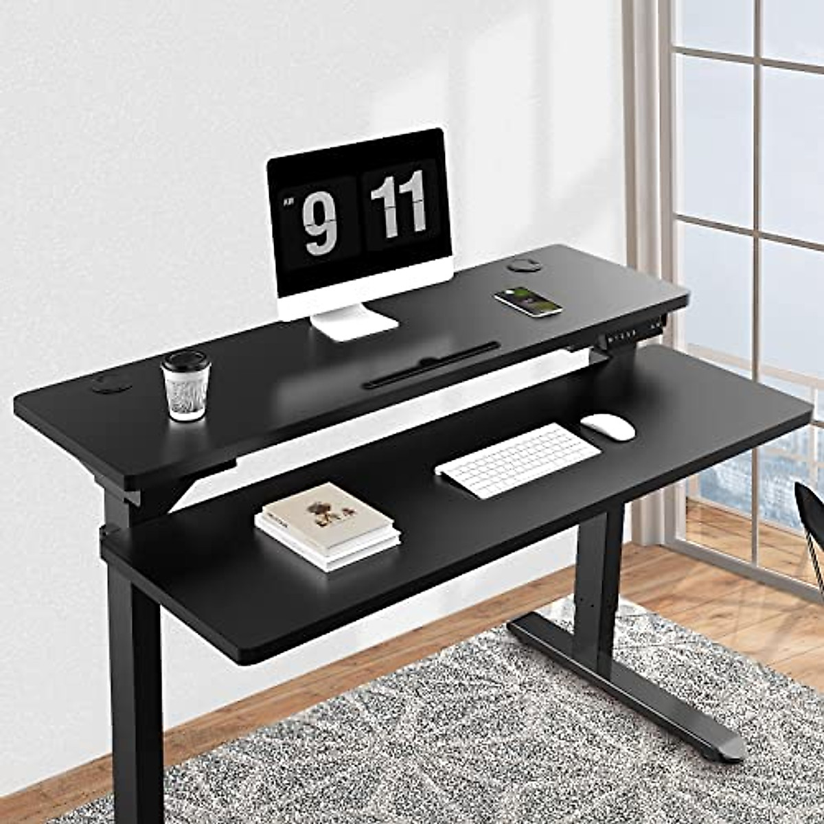 AIMEZO Dual Motor Split Top Desk Height Adjustable Standing Desk Electric Stand Up Desk with Table Top (Black Top+Black Frame)