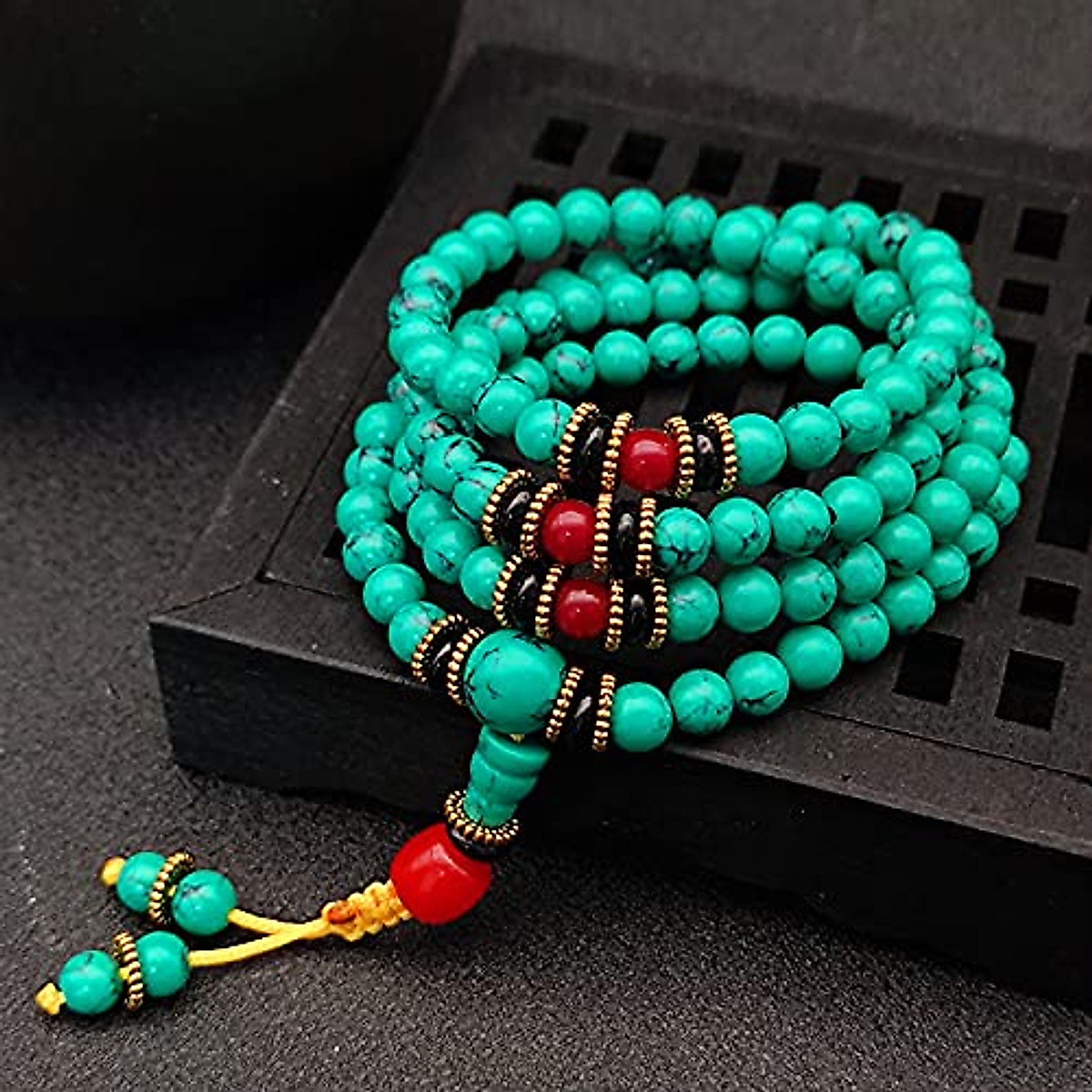 Caiyao 6/8mm 108 Tibetan Turquoise Stone Beads Stretch Bracelet Prayer Buddha Yoga Wrap Mala Bracelet Necklace-6mm