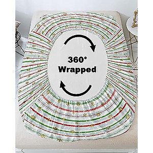 Full Size Fitted Sheet Bed Set Merry Christmas Red Green Stripe Deep Pocket Soft Bottom Sheets&Pillowcases for Bedroom Decor Winter Gold Snowflake Texture,Fits Mattress Up to 16" Deep