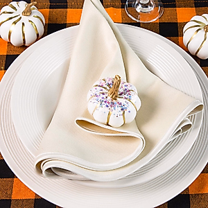 BigOtters 10PCS Pumpkins for Decoration, Artificial Pumpkin with Gold Lines Small White Foam Pumpkins for Fall Thanksgiving Halloween Table Decor