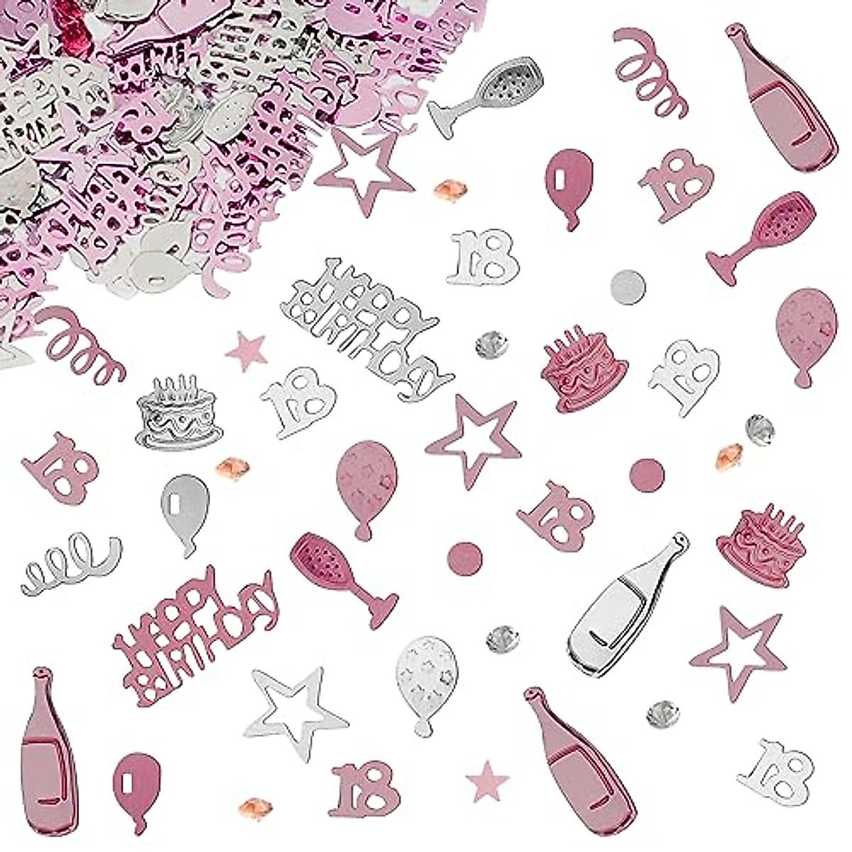 OSDUE 3000 Pieces Pink Gold Silver Happy Birthday Confetti, 18 Years Birthday Cake Confetti, Metallic Foil Balloon Confetti, Table Scatter Confetti Decoration Supplies, for Birthday Party (18th Style)