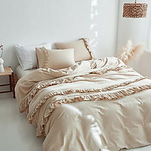 Simple&Opulence Ruffled Linen Duvet Cover Set 3Pcs with Vintage Shabby Chic Multiple Frills (1 Comforter Cover & 2 Pillowcases) Natural Flax Cotton Blended Luxury Bedding - Linen, Queen Size