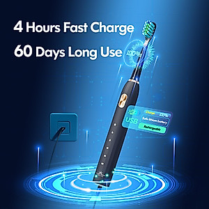 DADA-TECH Electric Toothbrush for Adults and Kids, Sonic Toothbrush Rechargeable with 9 Brush Heads, 5 Modes and 2 Minutes Smart Timer, 4Hours Charge for 60 Days, Roman Column Handle (Black)