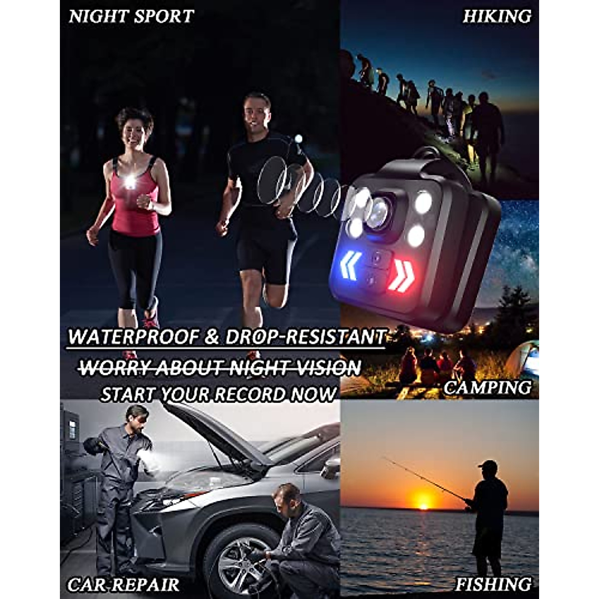 Body Camera 1080P Mini Outdoor Sports Security Wireless Wearable Video Recorder, 3 LED Modes Flashlight HeadLamp Waterproof Cam, Built-in 64GB Memory Card, Suit to Child Pet Cop Home All Day Record