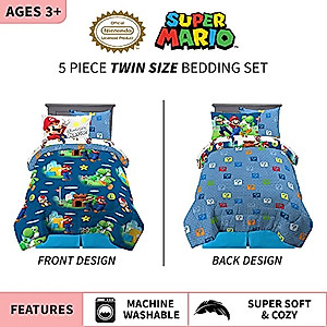 Franco Kids Bedding Super Soft Comforter and Sheet Set with Sham, 5 Piece Twin Size, Mario & Kids Room Window Curtains Drapes Set, 82 in x 84 in, Super Mario