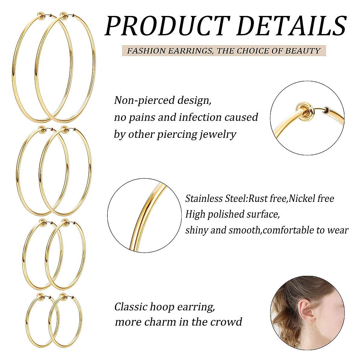 LOYALLOOK 4 Pairs Stainless Steel Clip On Hoop Earrings for Women Fake Hoop Earrings Spring Hoop Earrings For Non-Pierced Ears