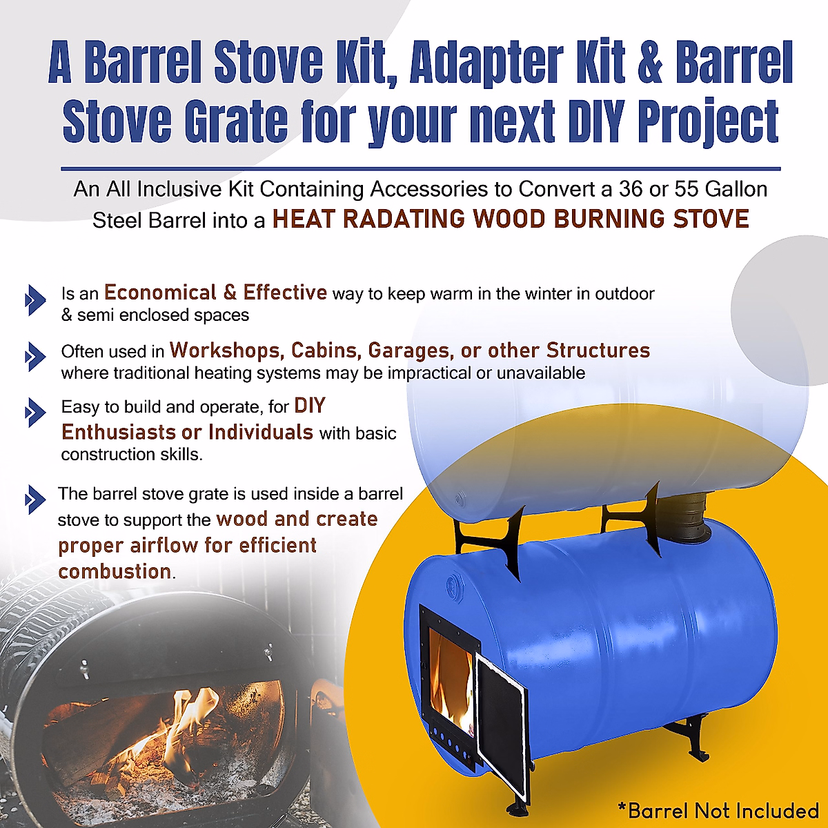 Sonret Barrel Woodstove Kit with Adapter Kit & Burn Barrel Grate – Perfect for 30-55 Gallon Barrel - Barrel Stove Kits - Fire Wood Camp Stove Barrel Stove Kit & Double Barrel Stove Adapter Kit…