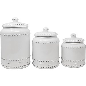 Kovot 3 Piece Ceramic Canister Set With Air-Sealed Lids & Bonus Decal Labeling Stickers - Ivory White With Antique-Style Finish 3 Sizes (108oz, 86oz, & 40oz)