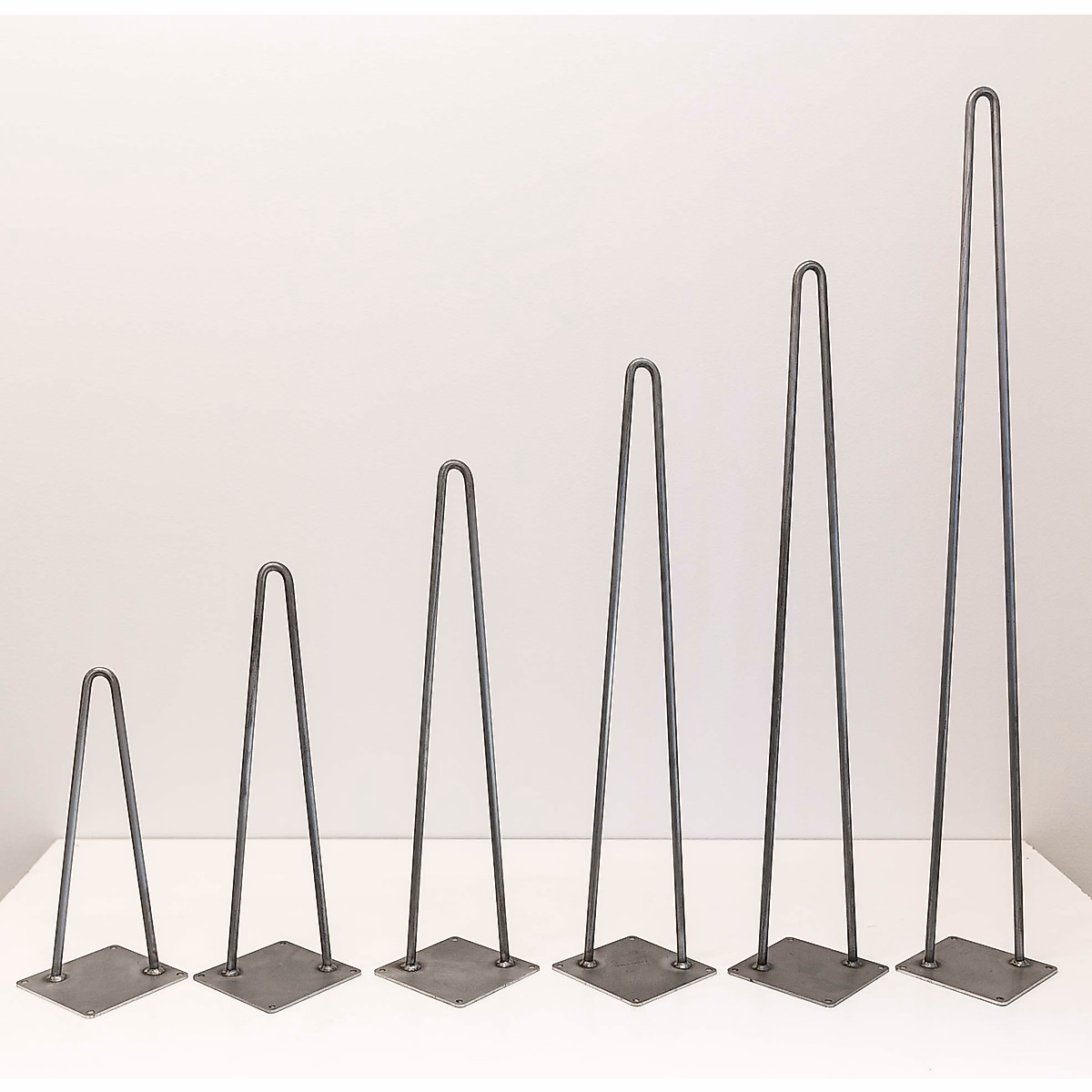 Hairpin legs set of 4Industrial,2-rod Hairpin legs,12" to 28" high Choose from Size and raw,Powder coated Clear matte,and powder coat Matte flat Black | Ships free in 48Hr. Made in the USA