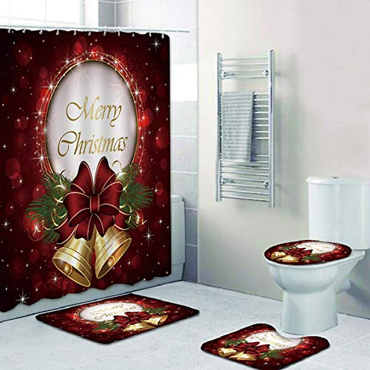 ZanLa Christmas Shower 4PCS Set Merry Christmas Shower Curtain Bathroom Floor Mat Base Mat Toilet Mat Christmas Bathroom Decoration