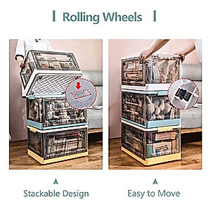 Lucky Monet Clear Storage Bins with Lids 55 Quart, Large Stackable Storage Bins Plastic Organizer Bins Boxes with Wheels & Dual Open, Collapsible Storage Containers for Closet Home Kitchen Car Trunk