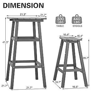 INTOBOO 3 Pcs Adirondack Outdoor Bar Table and Chairs Set, Round Bar Height Patio Set, HDPE Bar Set for Balcony, Garden, Poolside (Grey)